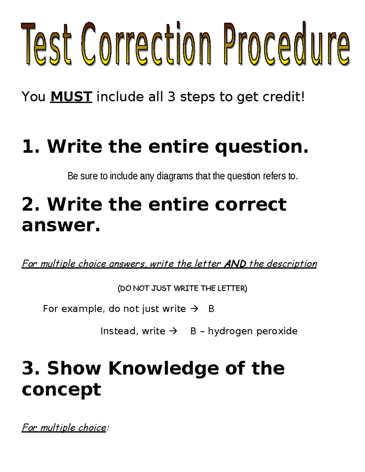 Test correction procedure poster - You MUST include all 3 steps to get ...