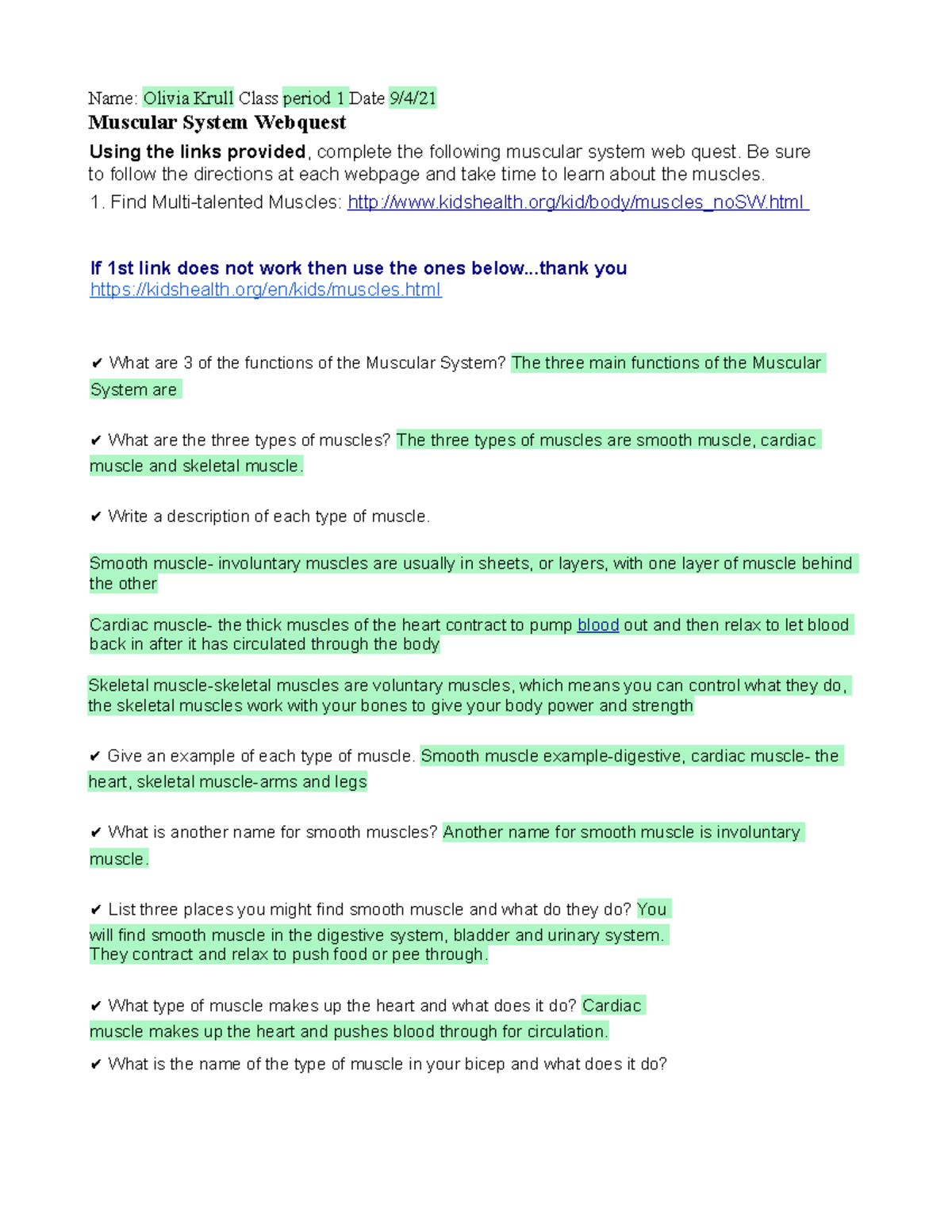 08 Muscle System Webquest - Name: Olivia Krull Class period 1 Date 9/4 ...