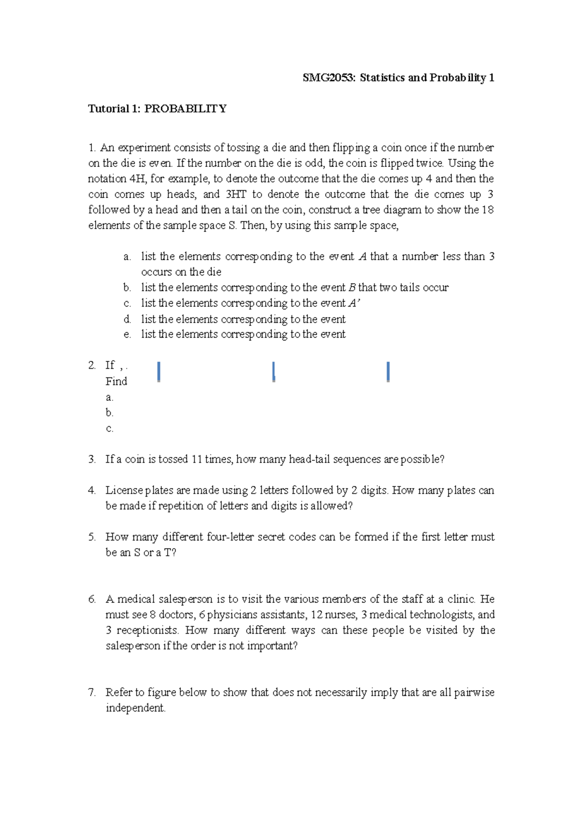 Tutorial 1 - Statistics and Probability - SMG2053: Statistics and ...