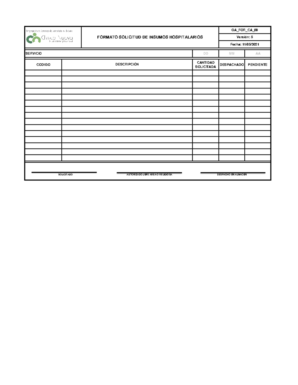 GA FOR CA 09 Solicitud Insumos Almacén - Literatura - DD MM AA CODIGO ...