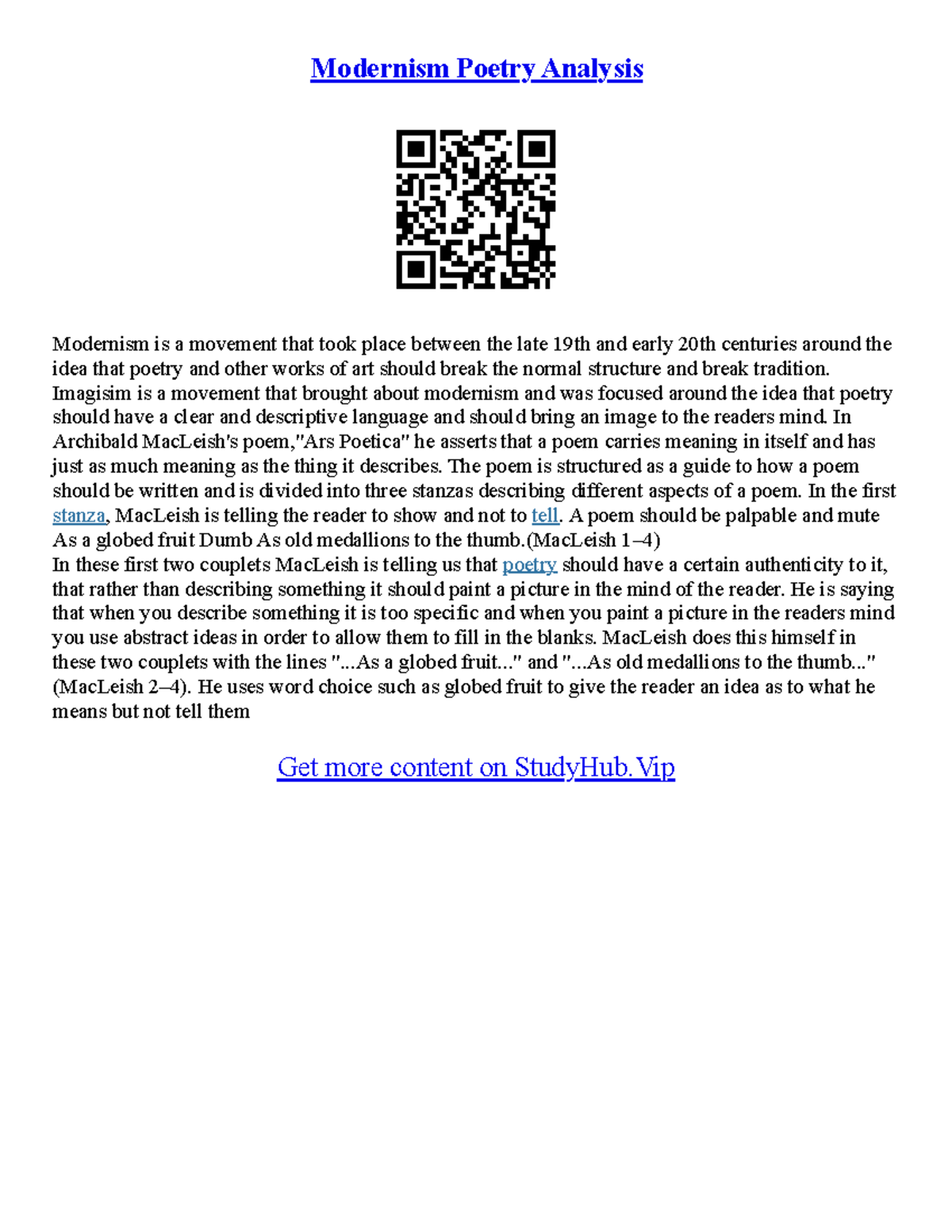 Example Of Poetry Analysis Essay - Modernism Poetry Analysis Modernism ...