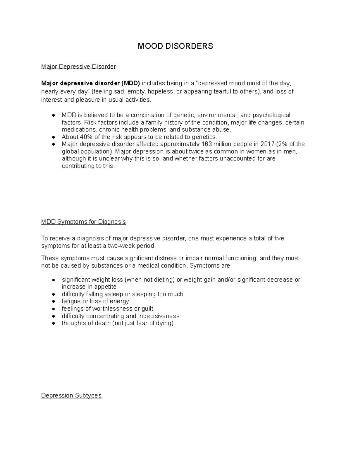 PSY 215 Mood Disorders Notes Part 1 - MOOD DISORDERS Major Depressive ...