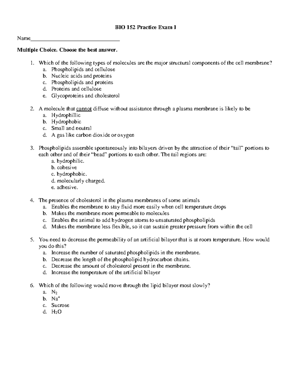 BIO152 Practice Exam 1 - BIO 152 Practice Exam I Name Multiple Choice ...
