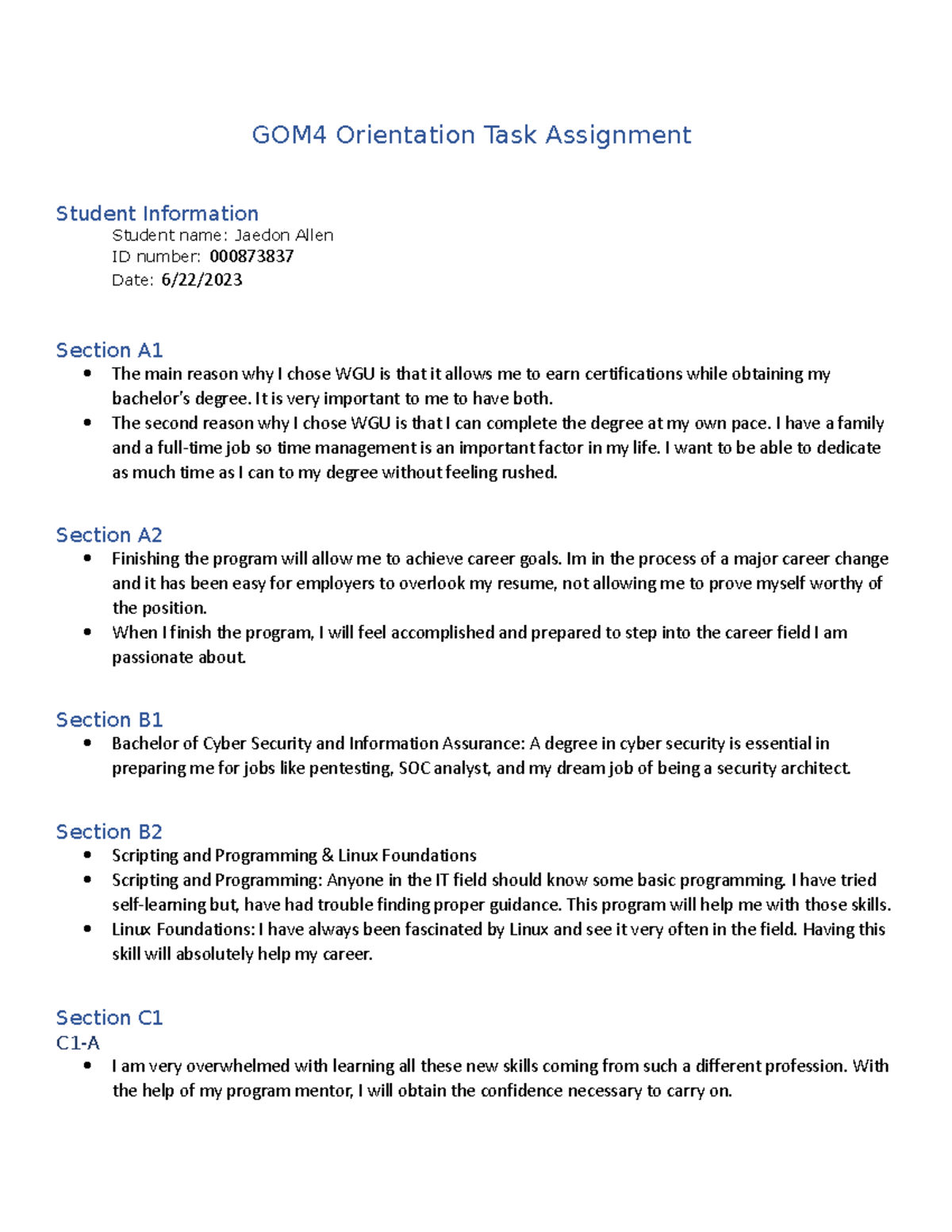 Orientation Task - It is very important to me to have both. The second ...