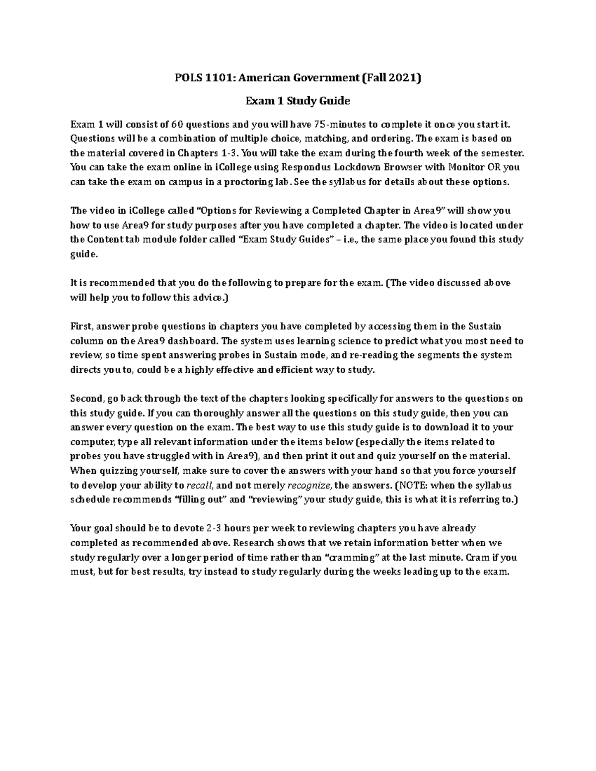 Gov study guide exam 1 - POLS 1101: American Government (Fall 2021 ...