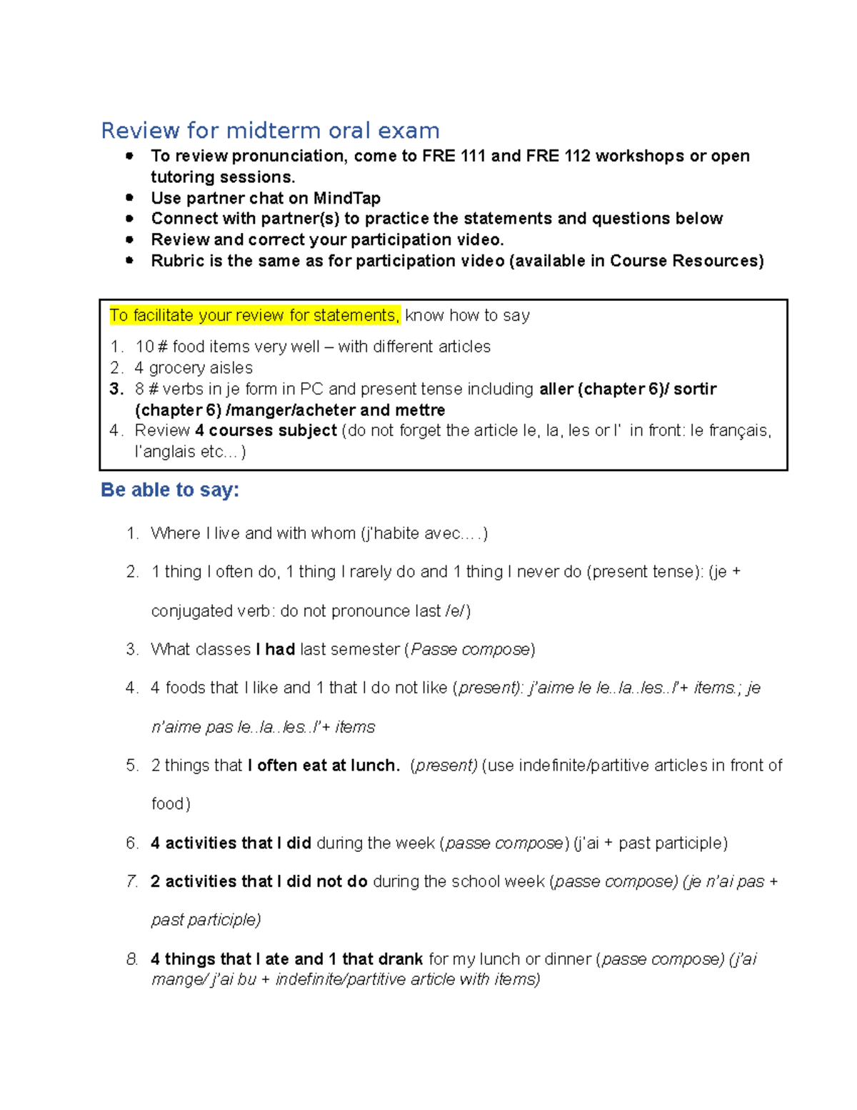 112 Midterm Oral Exam Student review(1) - Review for midterm oral exam To review pronunciation ...