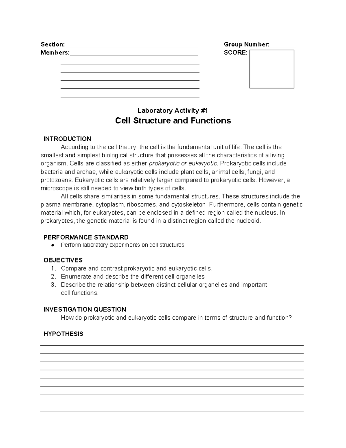 Lab Act 1 Cell Structures Vary - Section: Group Number: Members: SCORE: Laboratory Activity Cell ...