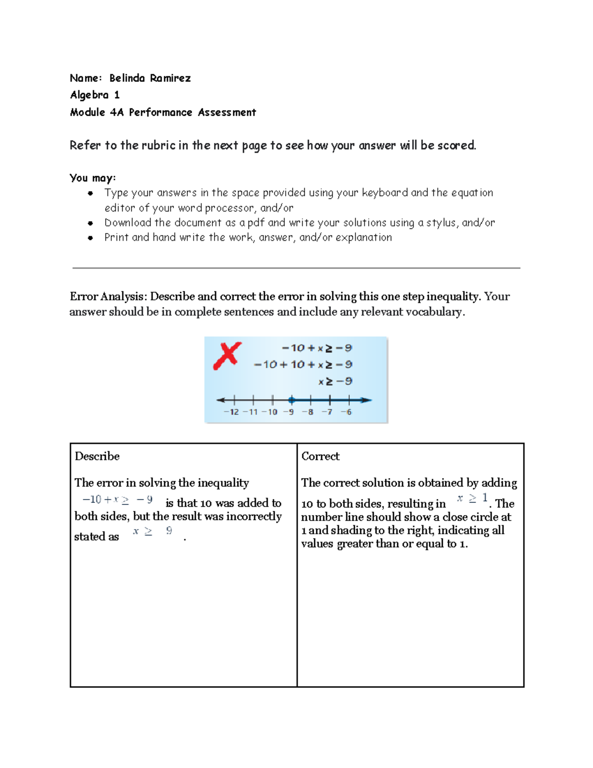 Module 4A Performance Assessment - Name: Belinda Ramirez Algebra 1 ...