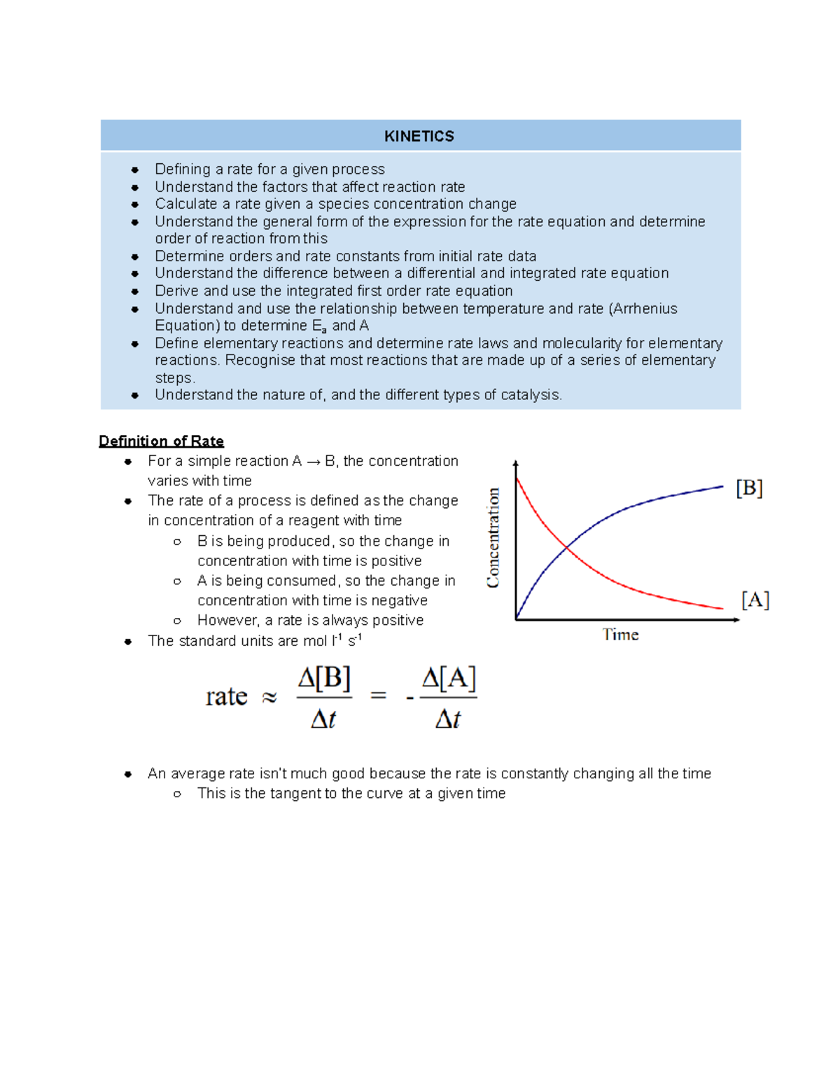 CHEM1829 - Summary Notes for Week 1-4 - KINETICS Defining a rate for a ...
