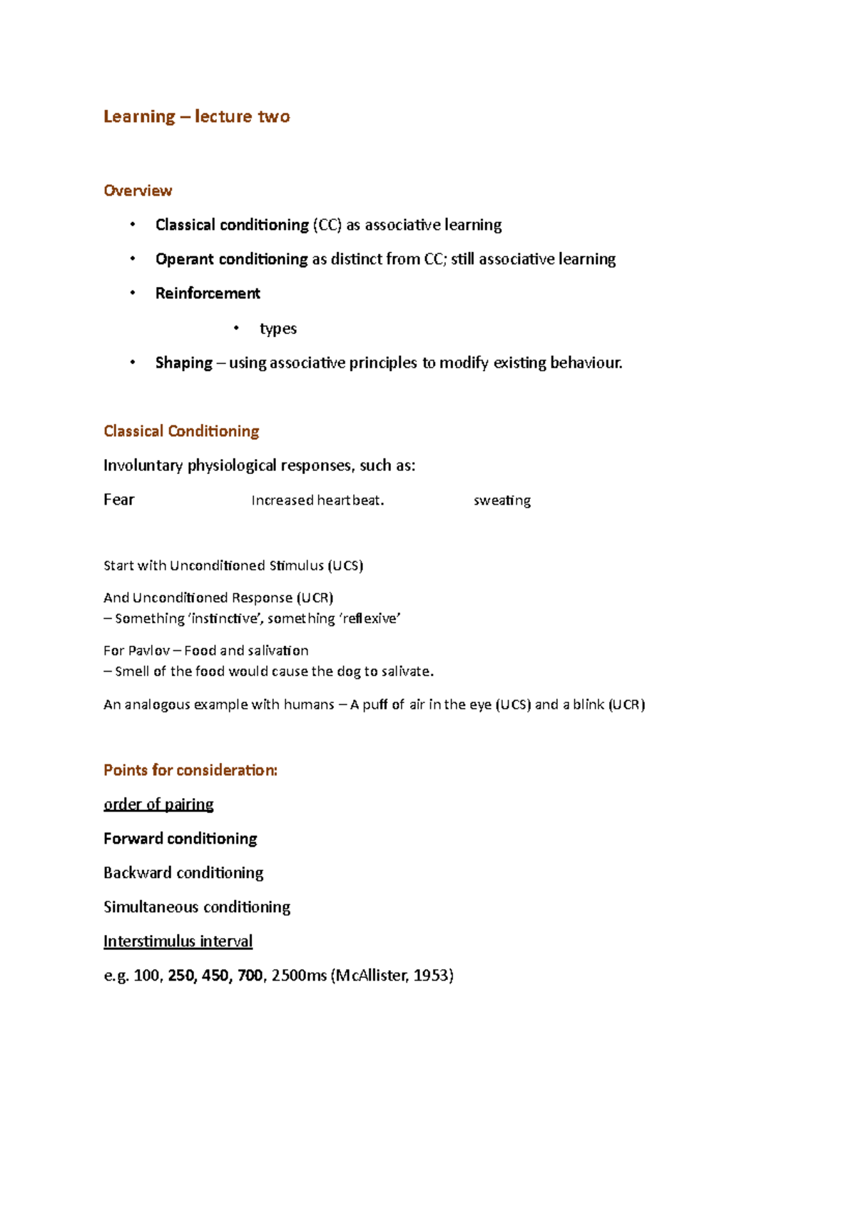 Learning #2 - Learning – lecture two Overview - Classical conditioning ...