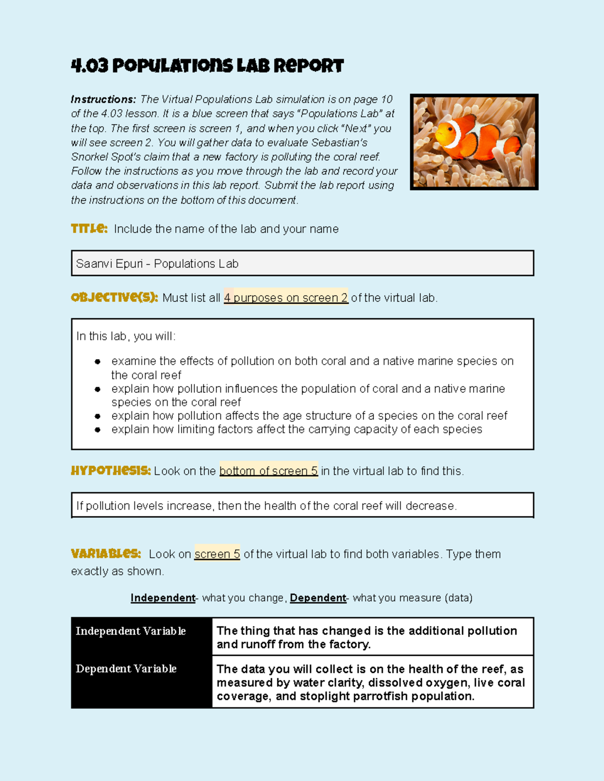 biology report 403 - 4 Populations Lab Report Instructions: The Virtual ...