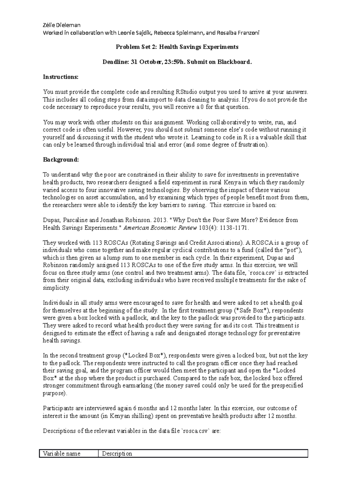PS2- Health savings experiment - Worked in collaboration with Leonie ...