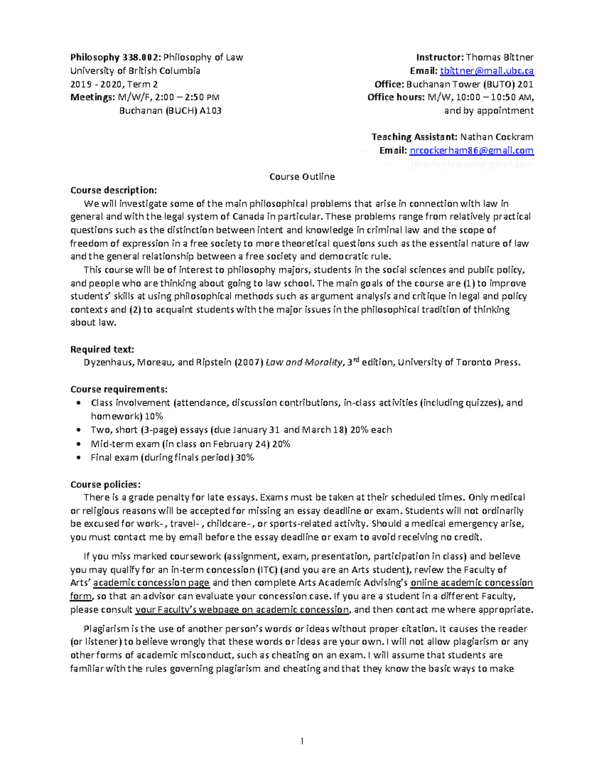 PHIL 338 Course Outline-1 - Warning: TT: undefined function: 32 Warning: TT: undefined function ...