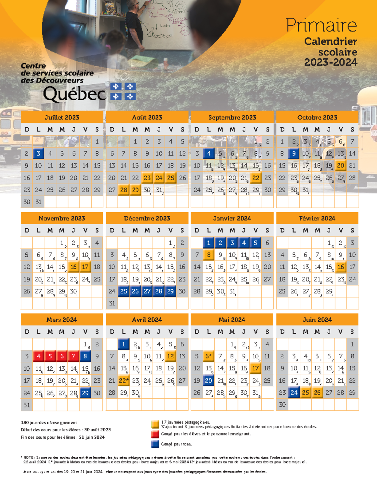 Calendrier-scolaire-2023-2024 Primaire - D L M M J V S Calendrier 17 journées pédagogiques ...