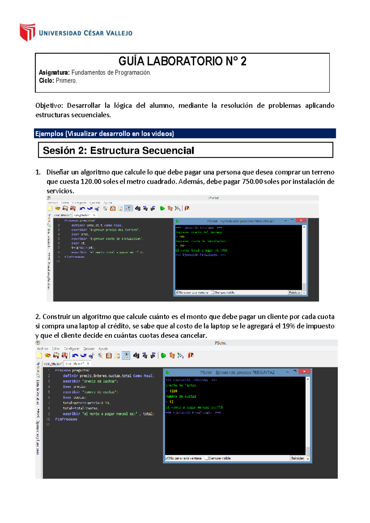 Guía Laboratorio 2 - GUÍA LABORATORIO N° 2 Asignatura: Fundamentos de Programación. Ciclo ...