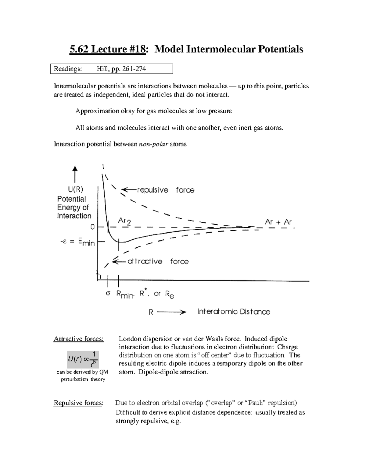 Model intermolecular potentials - U (r ) 1 r 6 Readings: Hill, pp. 261 ...