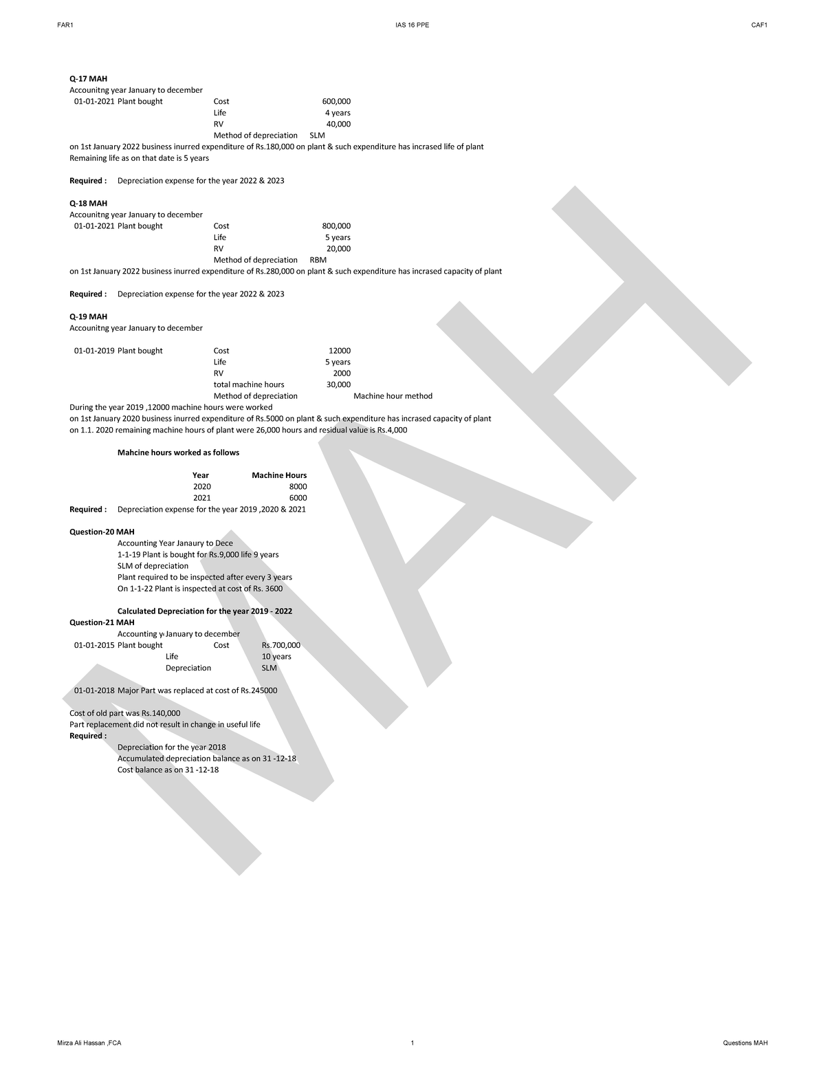 FAR-1 MAH Class Questions .17 to 25 - Q-17 MAH Accounitng year January ...