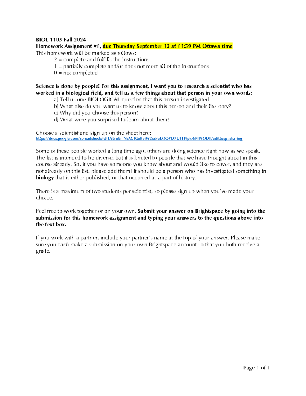 BIOL 1105 01 homework - just hw assignment - Page 1 of 1 BIOL 1105 Fall 2024 Homework Assignment ...