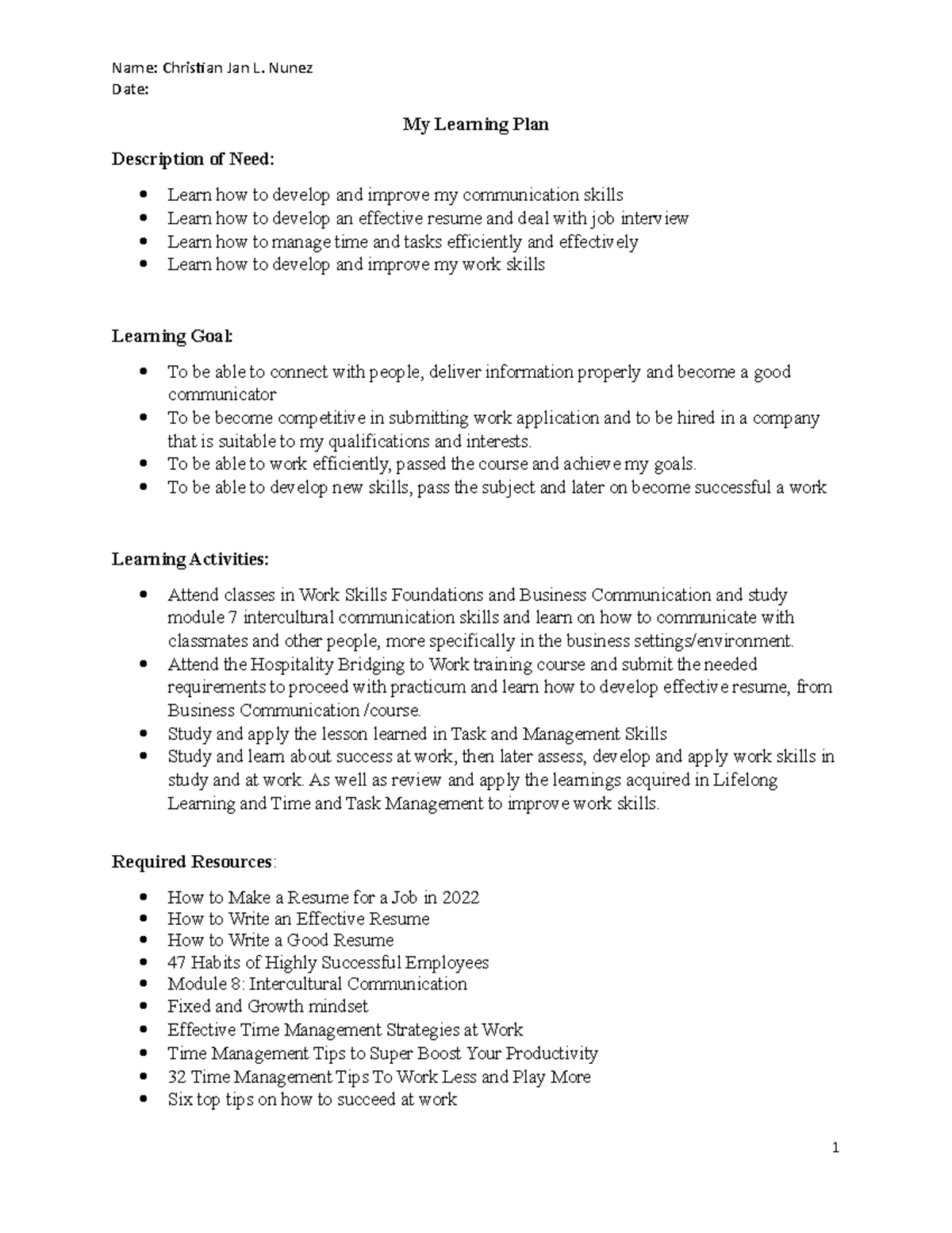 My Learning Plan - Nunez - Date: My Learning Plan Description of Need ...