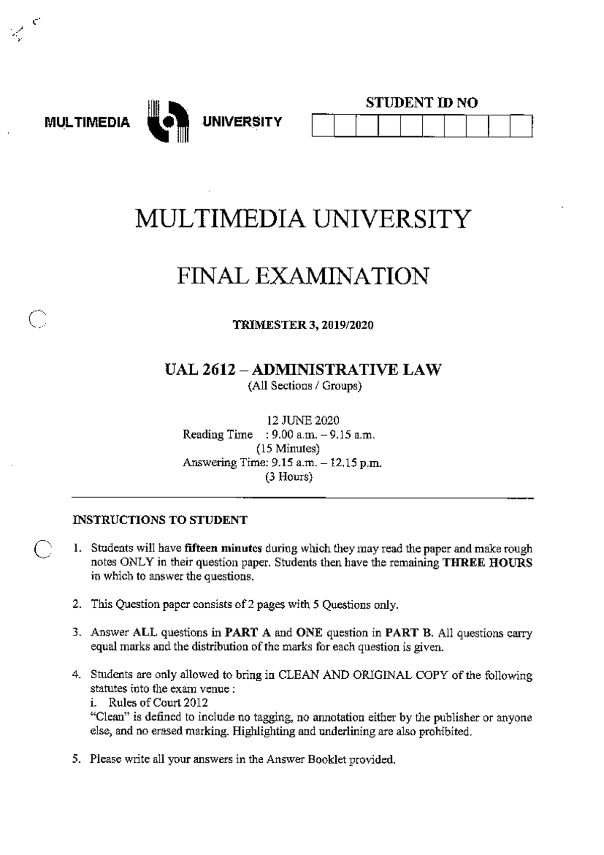 Past Year Paper - Administrative Law - Studocu