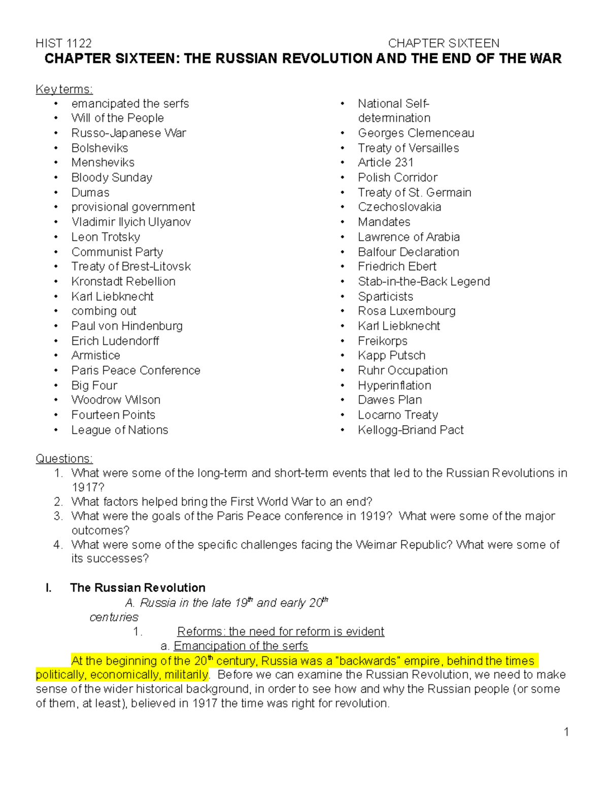 16 The Russian Revolution and the End of the War- Reading Assignment ...