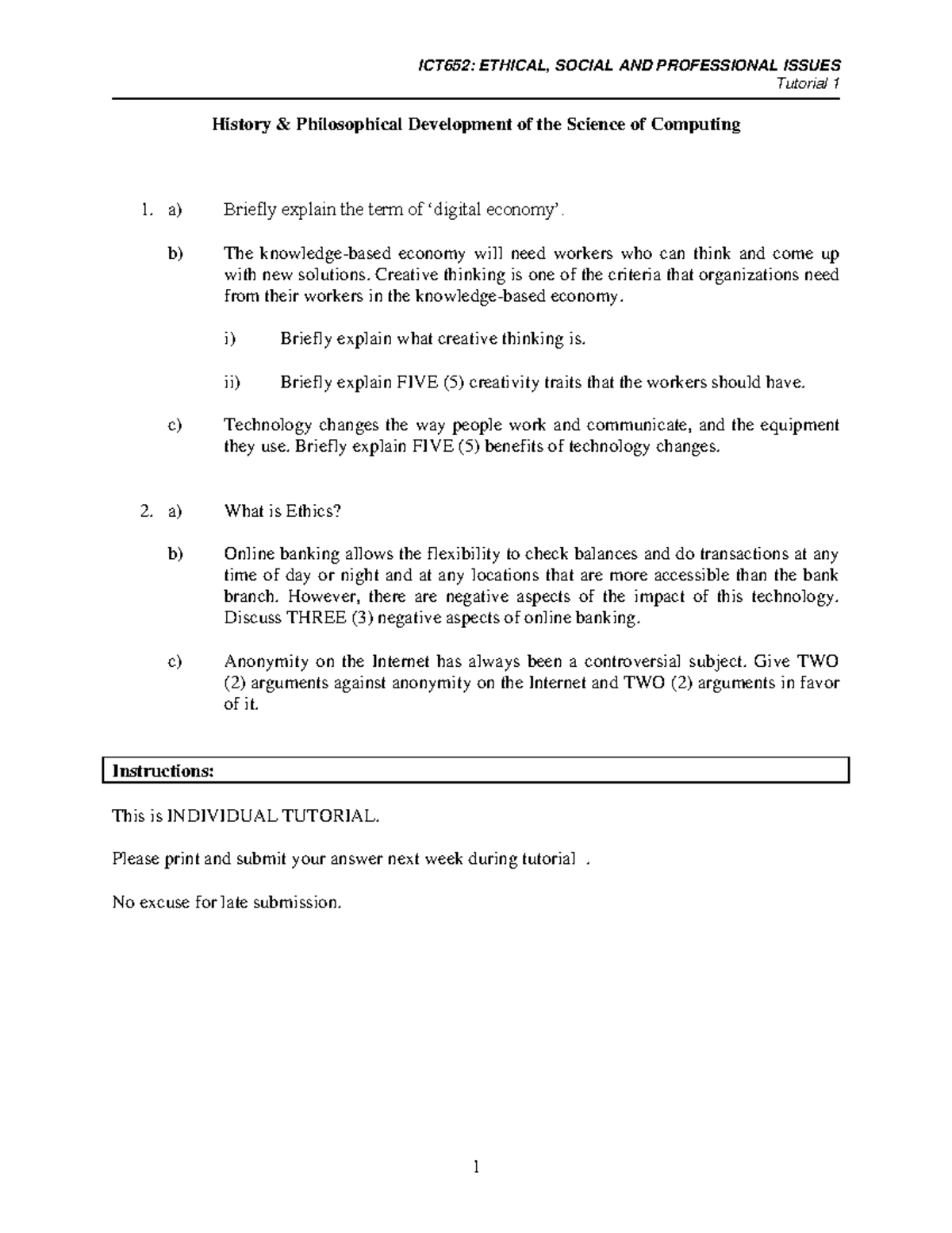 ICT652 Tutorial 1 - ICT652: ETHICAL, SOCIAL AND PROFESSIONAL ISSUES ...