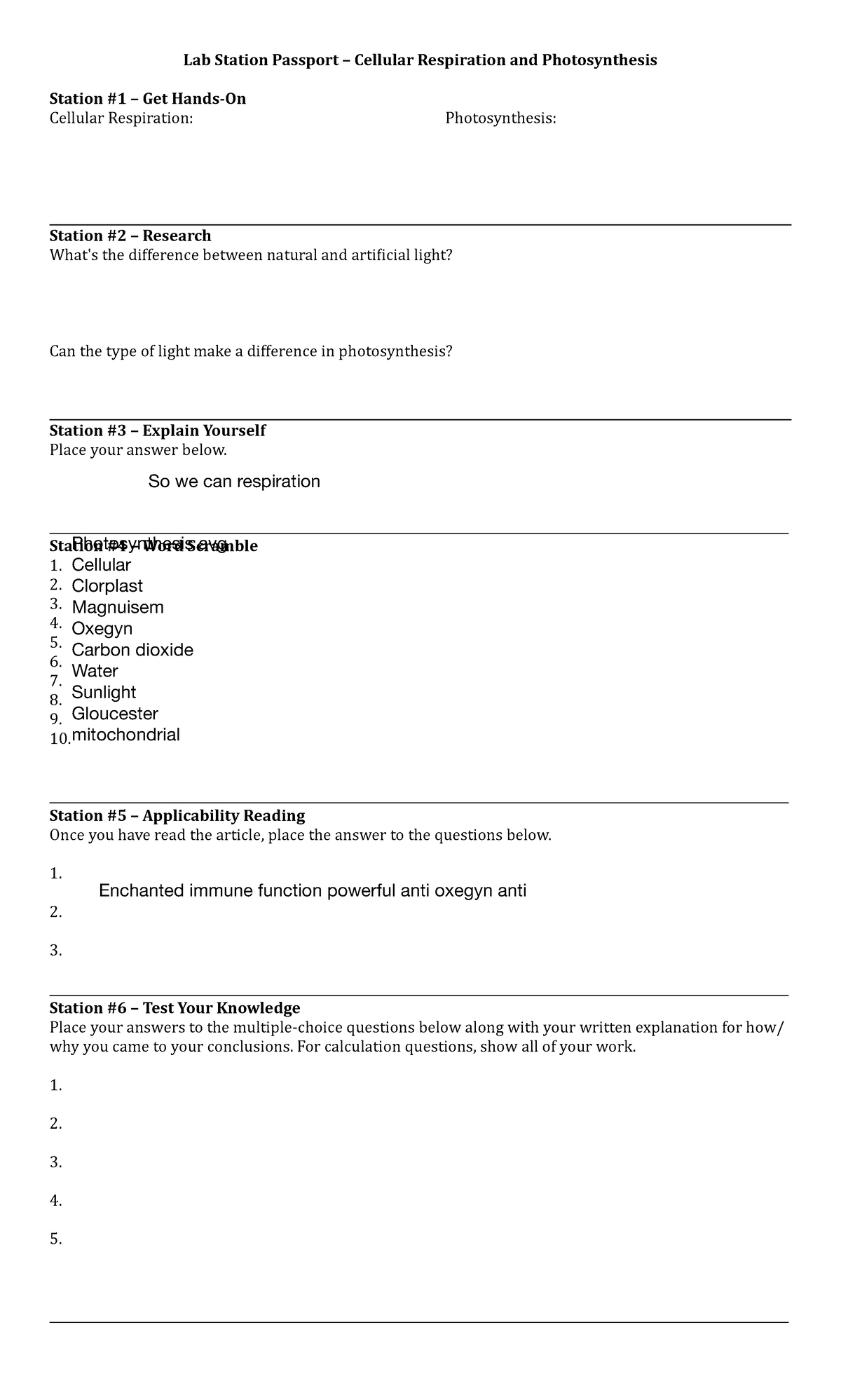 Lab Station Review - Cellular Respiration and Photosynthesis - Lab ...