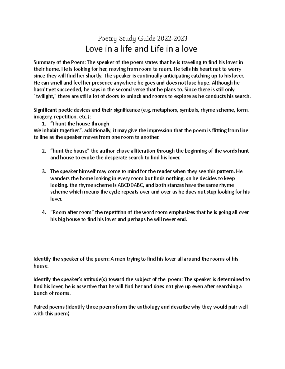 Poetry Study Guide-3 - He is looking for her, moving from room to room ...
