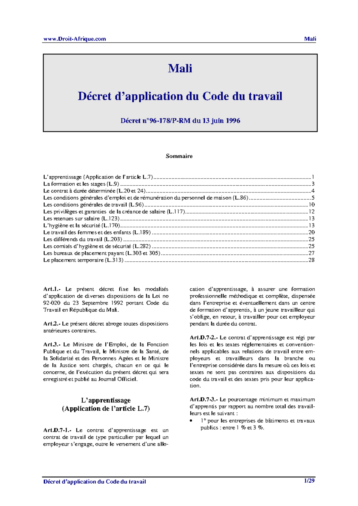 Mali - Code travail - Decret application - Mali Décret d’application du ...