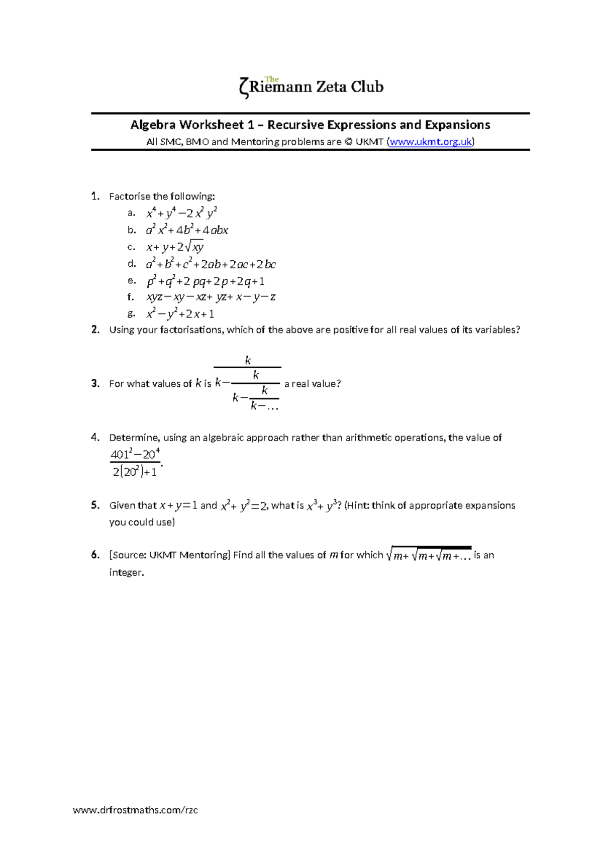 RZC-Algebra-Worksheet 1 - Algebra Worksheet 1 – Recursive Expressions ...