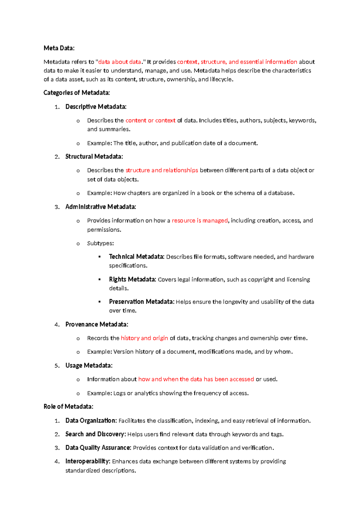 UNIT 3 - notes - Meta Data: Metadata refers to "data about data." It ...