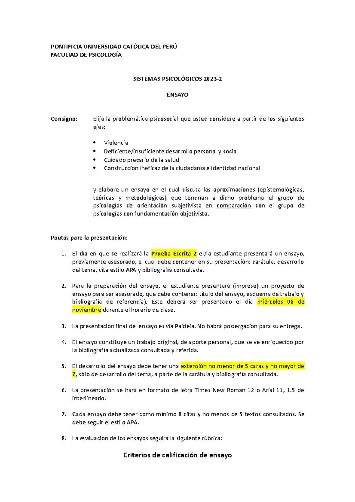 Ensayo 2023-2 - Pautas y rúbrica - PONTIFICIA UNIVERSIDAD CATÓLICA DEL ...