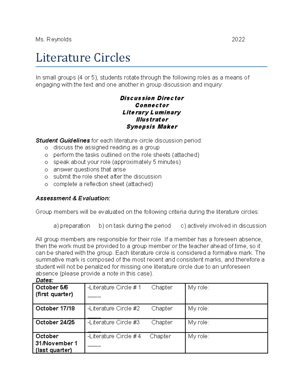 Literature Circles 2022 - Ms. Reynolds 2022 Literature Circles In small ...