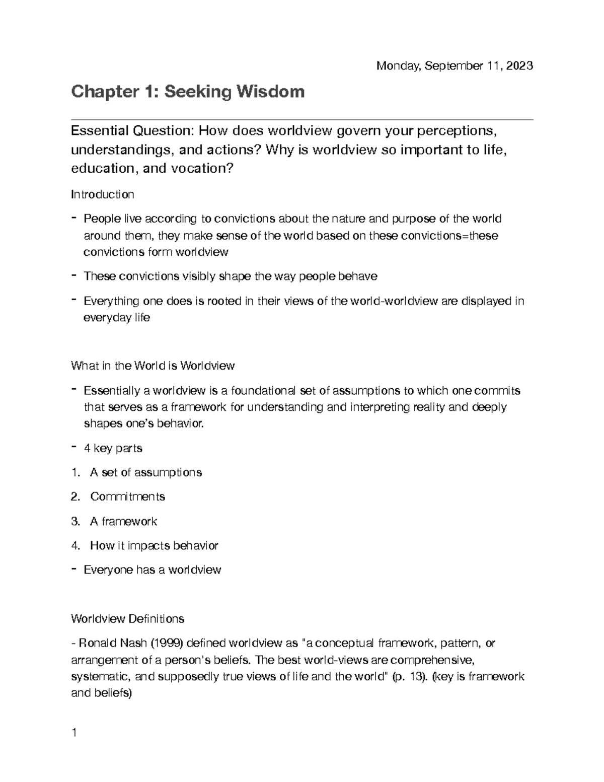 Chapter 1 notes - Chapter 1: Seeking Wisdom Essential Question: How ...