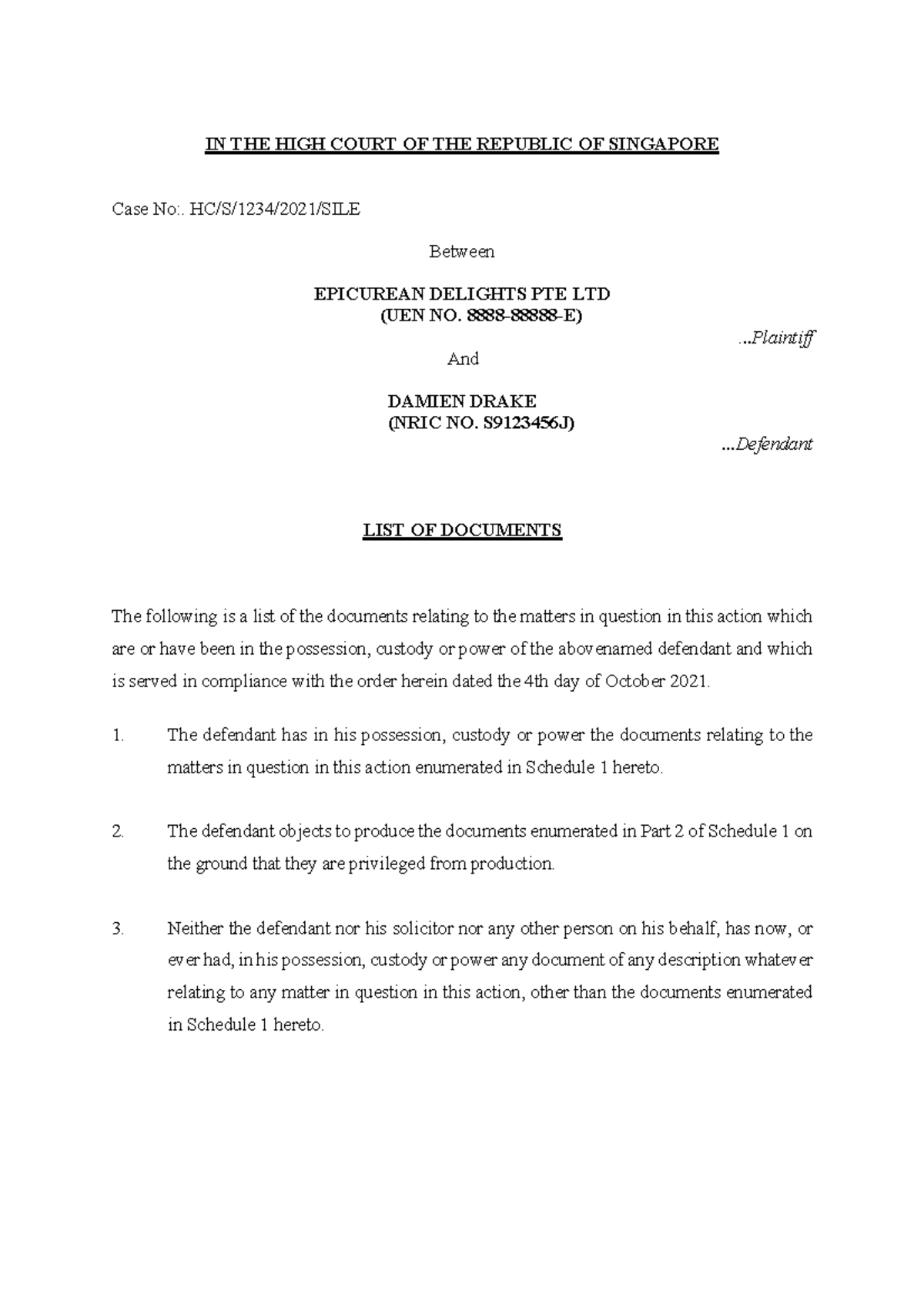 20211003- Defendant's List of Documents - IN THE HIGH COURT OF THE ...