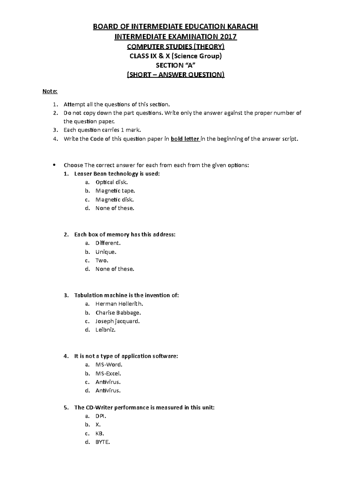 MCQS Paper for Students Guidelines - BOARD OF INTERMEDIATE EDUCATION ...