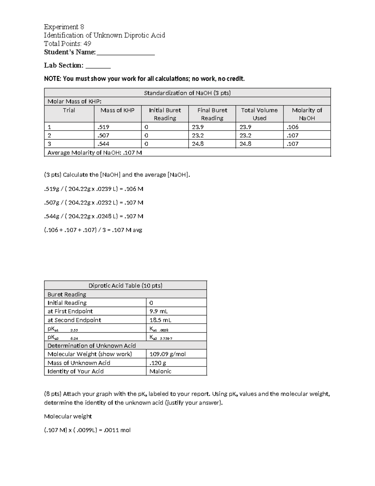 CHEM 110L - Experiment 8 Identification of Unknown Diprotic Acid ...