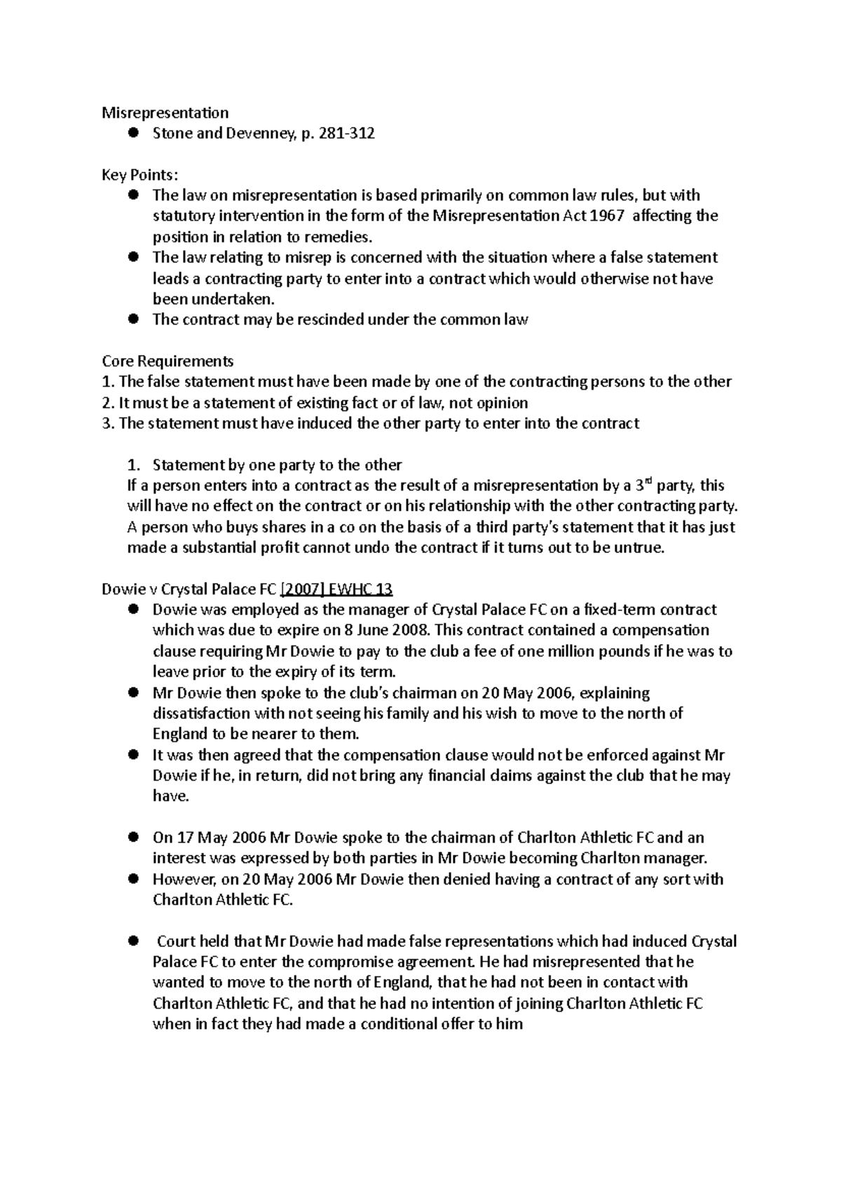 Law of Contract - misrepresentation - Misrepresentation Stone and ...
