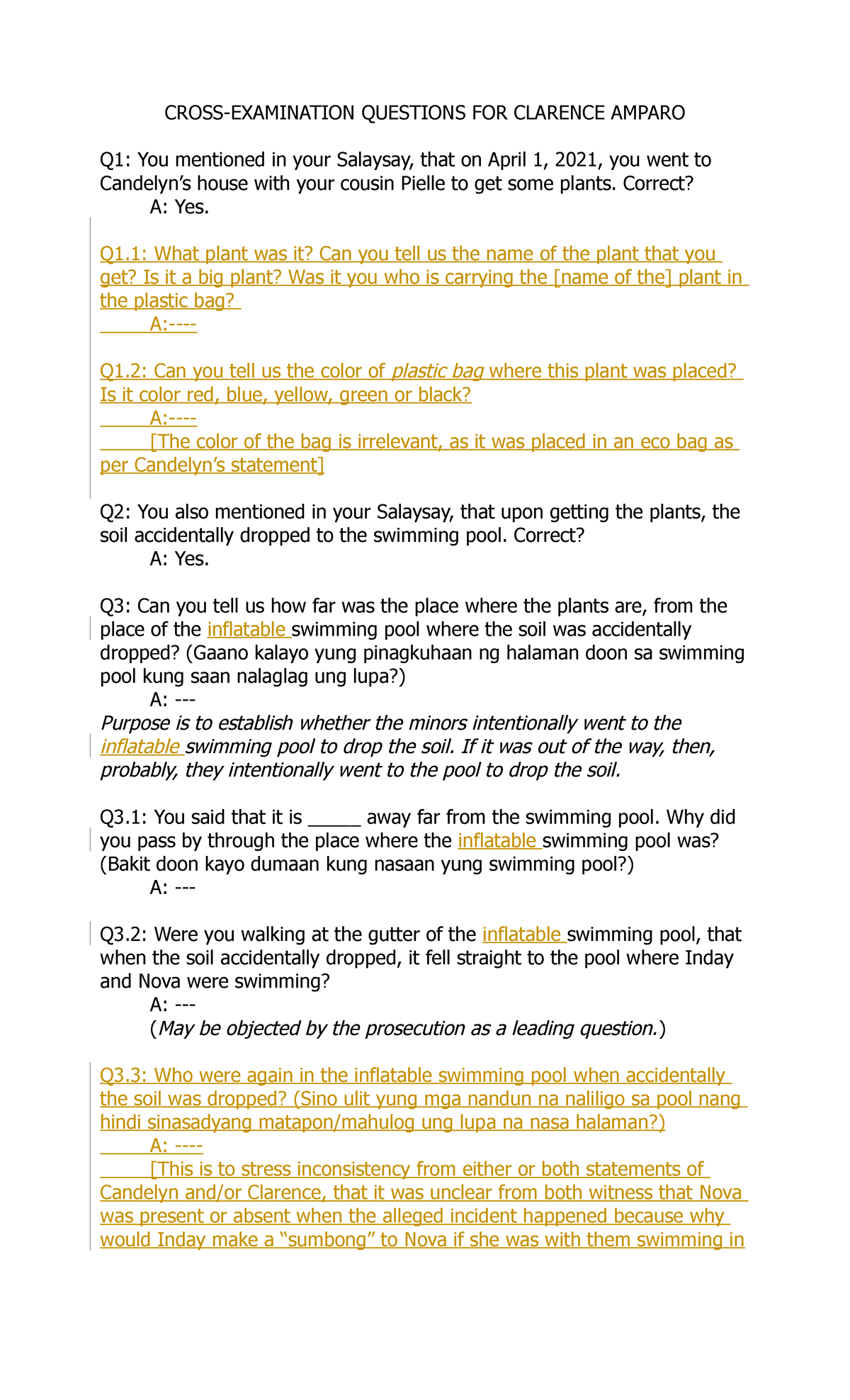 Cross Examination FOR Clarence Amparo - CROSS-EXAMINATION QUESTIONS FOR ...