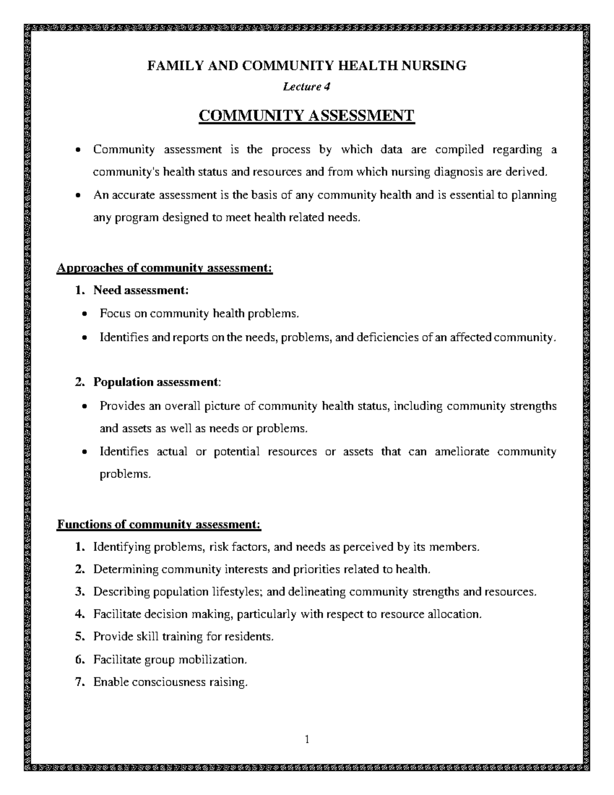 Lecture 4 - Community Assessment - FAMILY AND COMMUNITY HEALTH NURSING ...