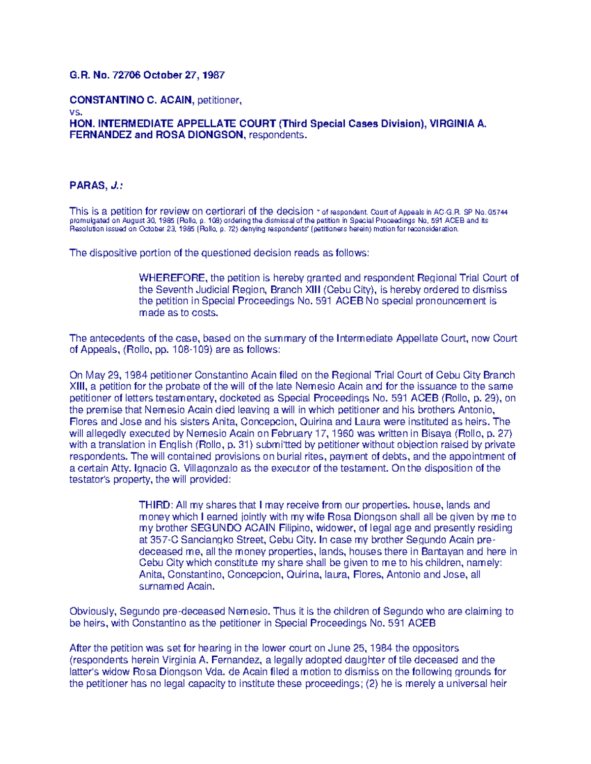 Spec Pro 10. Acan vs CA - none - G. No. 72706 October 27, 1987 ...
