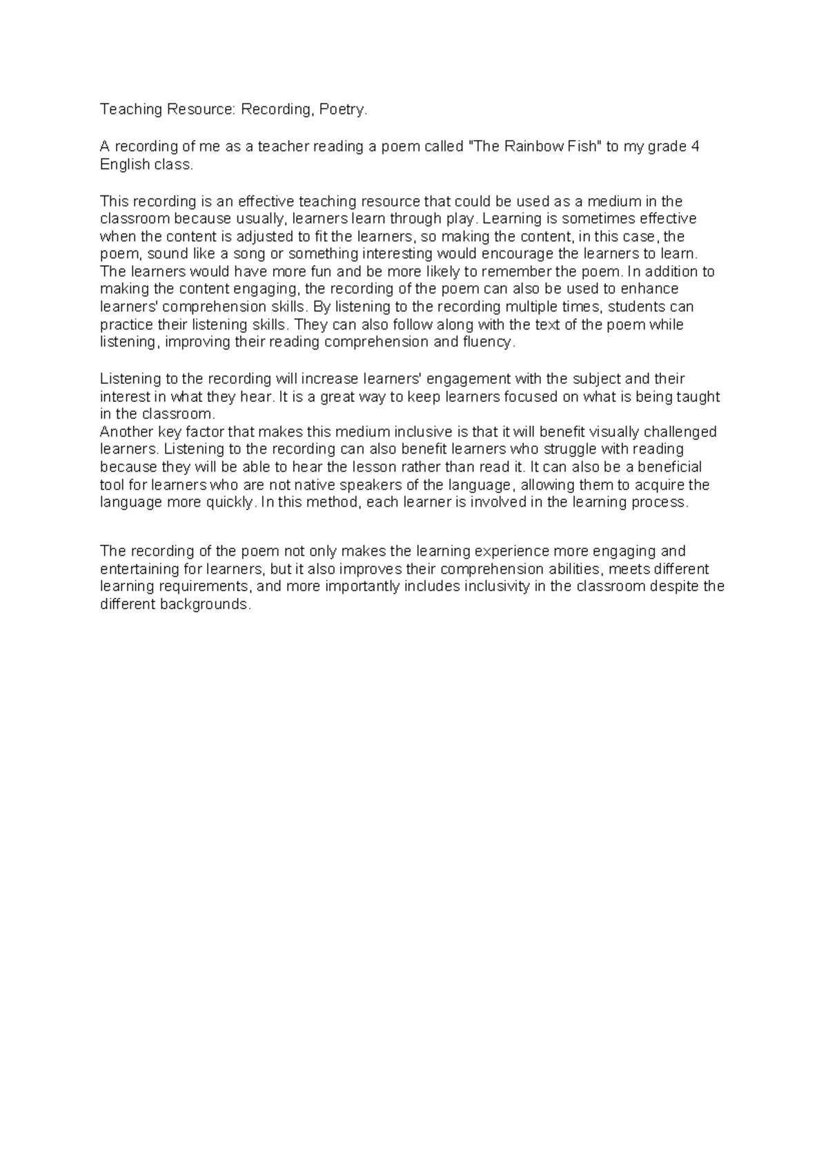 TP Assignment 2. 2024 - Teaching Resource: Recording, Poetry. A recording of me as a teacher ...