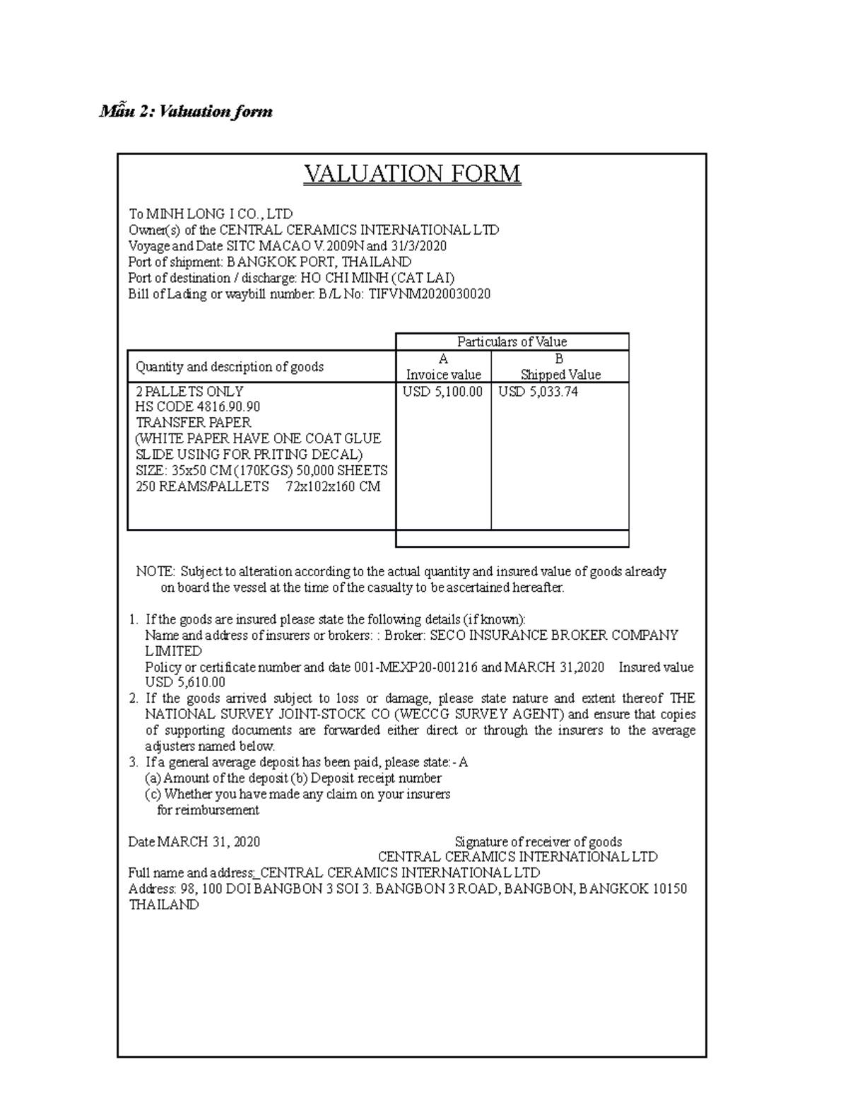 Valuation-form - GAG - Mẫu 2: Valuation form VALUATION FORM To MINH ...