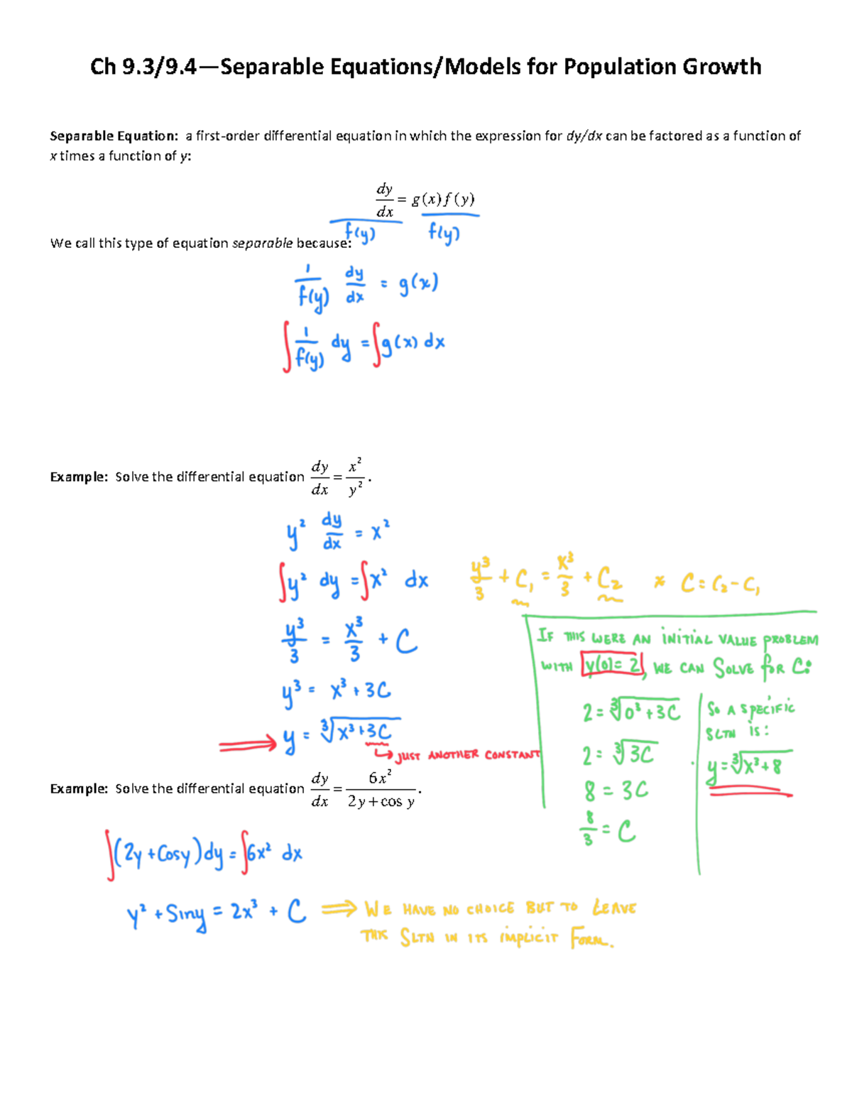 Ch 93 and 94-Separable Equations and Models for Population Growth ...