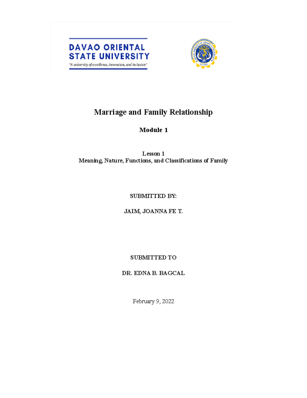 Mfrlesson 1 -JAIM - Marriage and Family Relationship - Marriage and ...