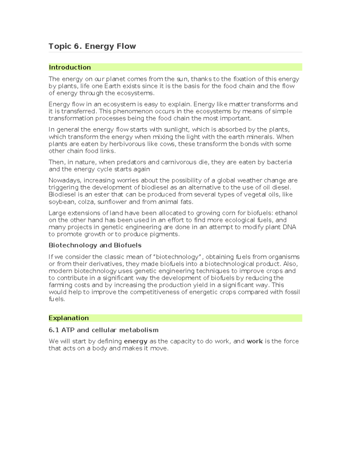 Modulo 2 ls - Topic 6. Energy Flow Introduction The energy on our ...