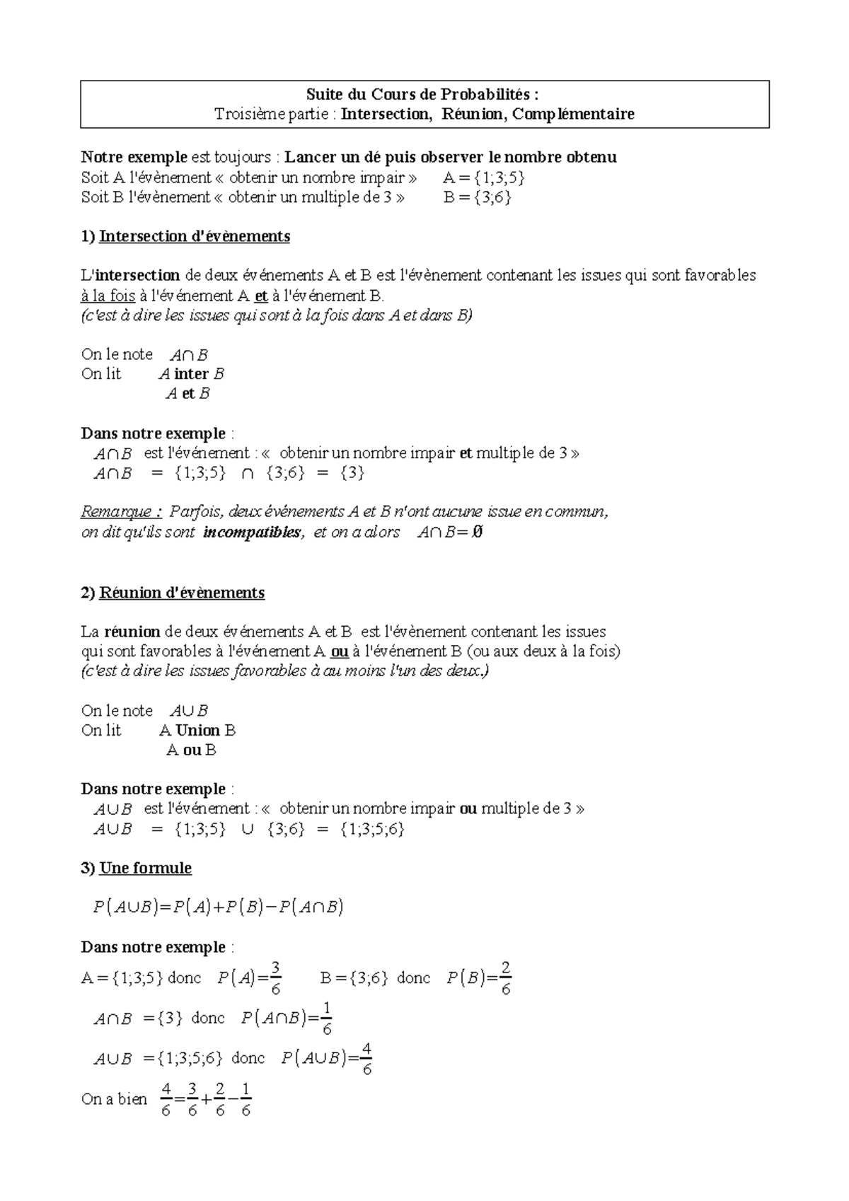 3 Proba Cours Intersection - Suite du Cours de Probabilités : Troisième ...