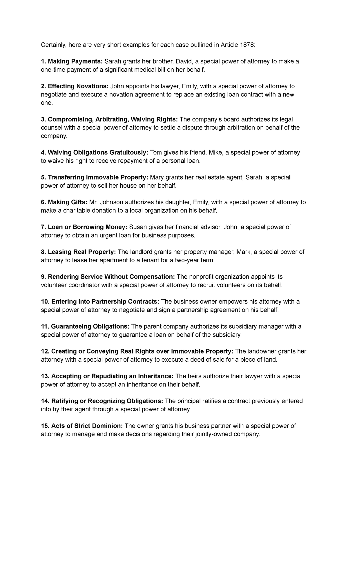 Art. 1878 of Law on Agency - Certainly, here are very short examples ...