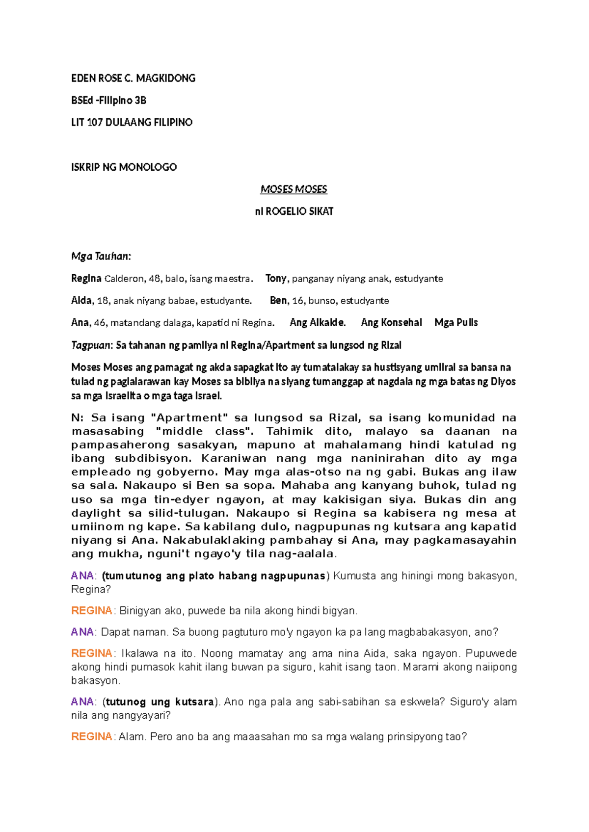 Moses Moses-DULA - SCRIPT - EDEN ROSE C. MAGKIDONG BSEd -Filipino 3B ...