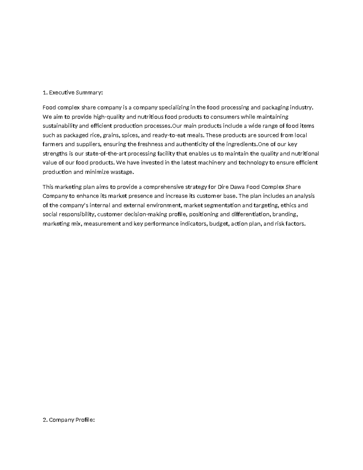 Executive Summa-WPS Office - Executive Summary: Food complex share company is a company ...